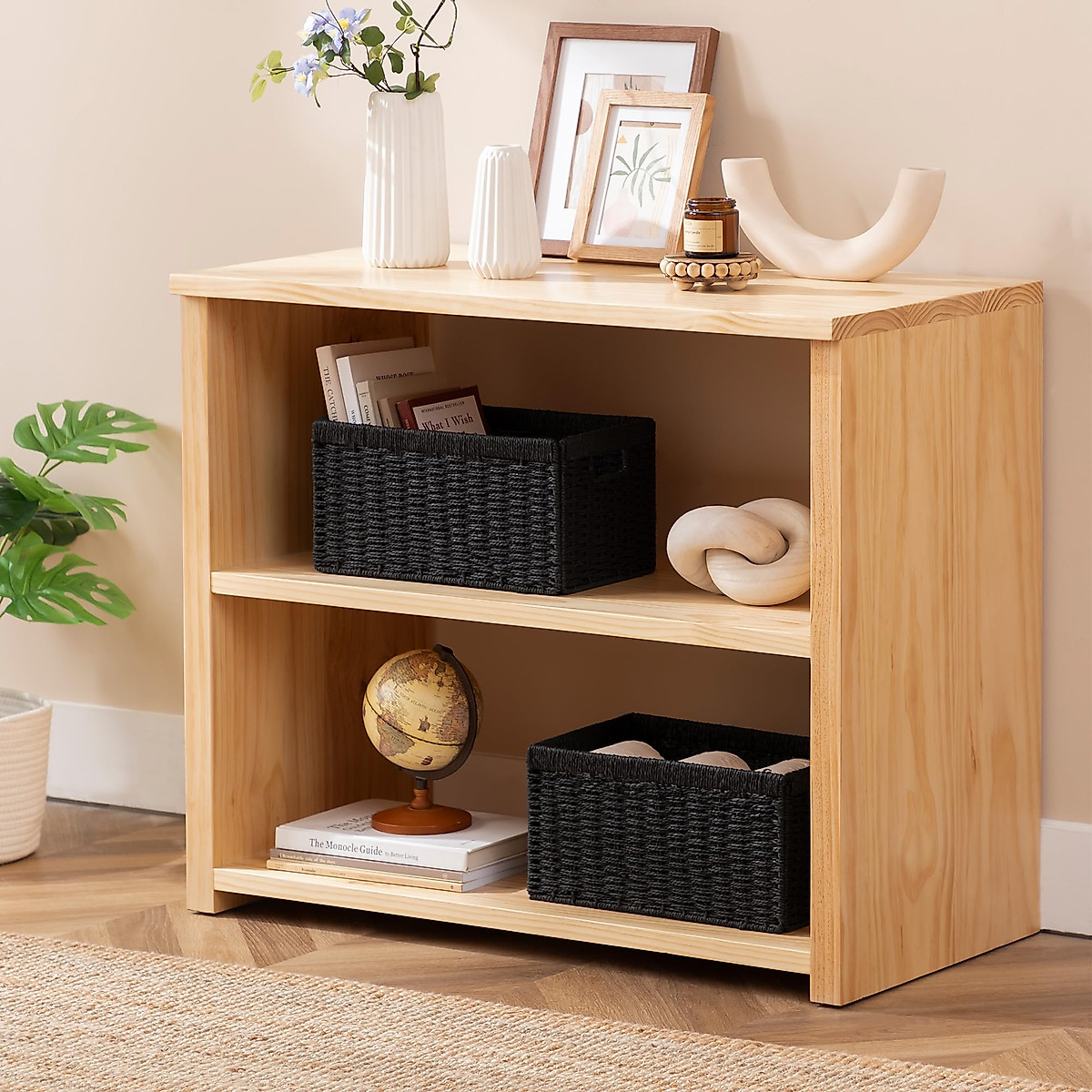 UBBCARE 2 Pack Wicker Basket, 13.4L×8.3H×7.1W inch Woven Paper Rope Storage Baskets for shelves, Foldable Rectangular Storage Baskets with Handle, Storage Basket for Organizing, Black