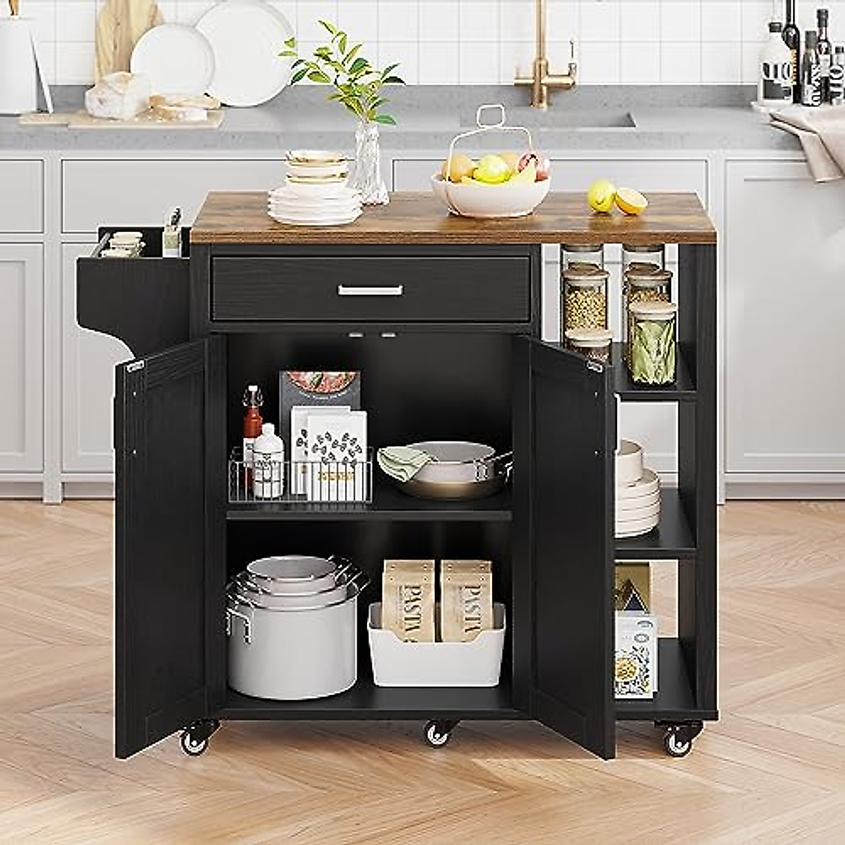 YITAHOME Rolling Kitchen Island Cart on Wheels with Storage, Drawer, Open Shelves, Spice/Towel Rack, Multi-Functional 2 Doors Kitchen Table Island for Dining Room, 42.5” Wide Black