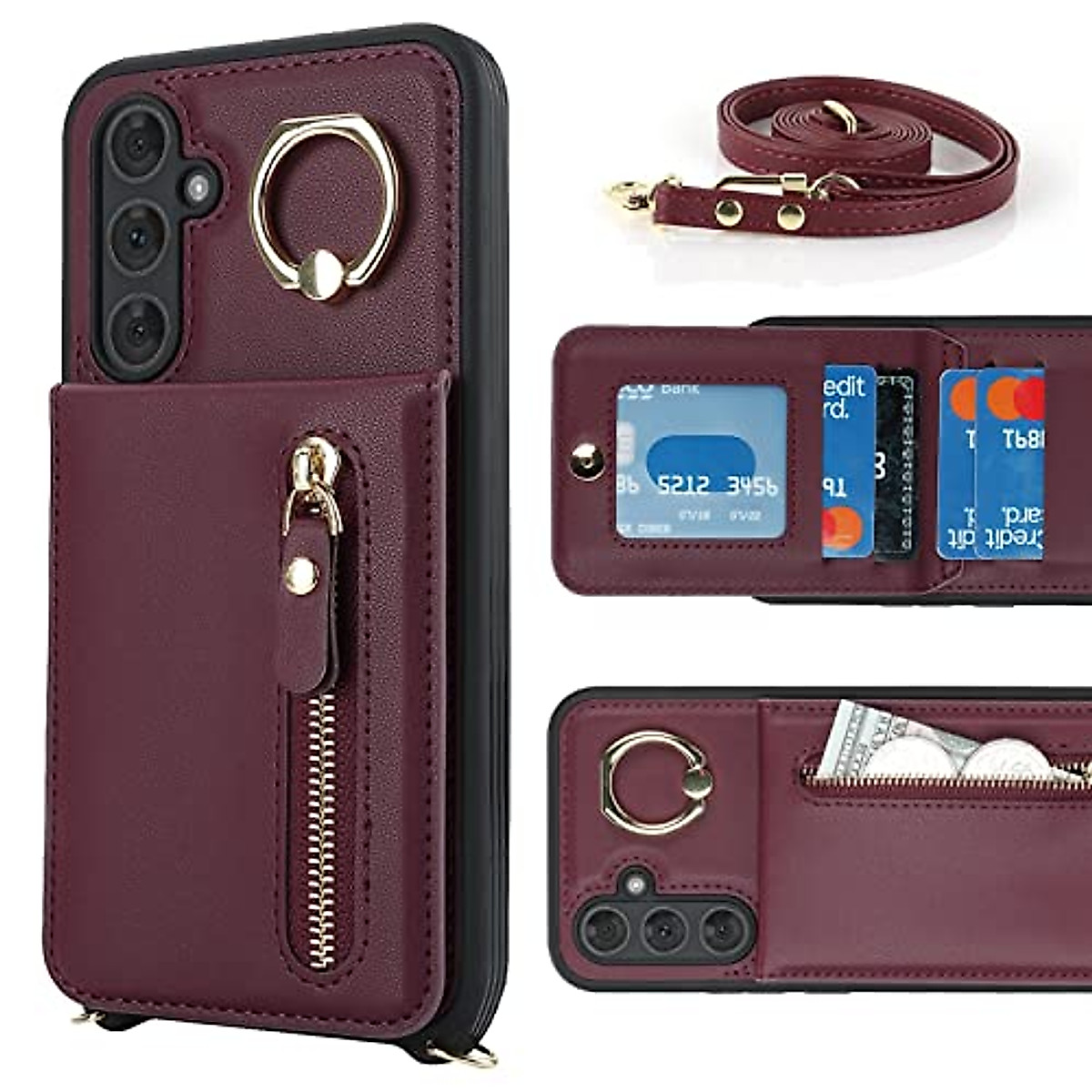 Jaorty Samsung Galaxy A54 5G Phone Case for Women with Card Holder,Samsung A54 Case Wallet Crossbody Lanyard with Strap,Credit Card Slots Kickstand Case with Ring Holder,6.4 Inch,Burgundy