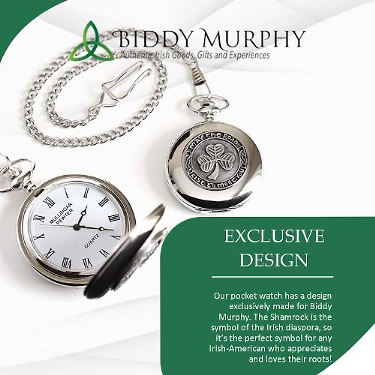 Biddy Murphy Shamrock Pocket Watch Made in Ireland Shamrock Pewter Medallion Stainless Steel Case with Chain Exclusive Made by Mullingar Pewter on Co. Westmeath, Ireland