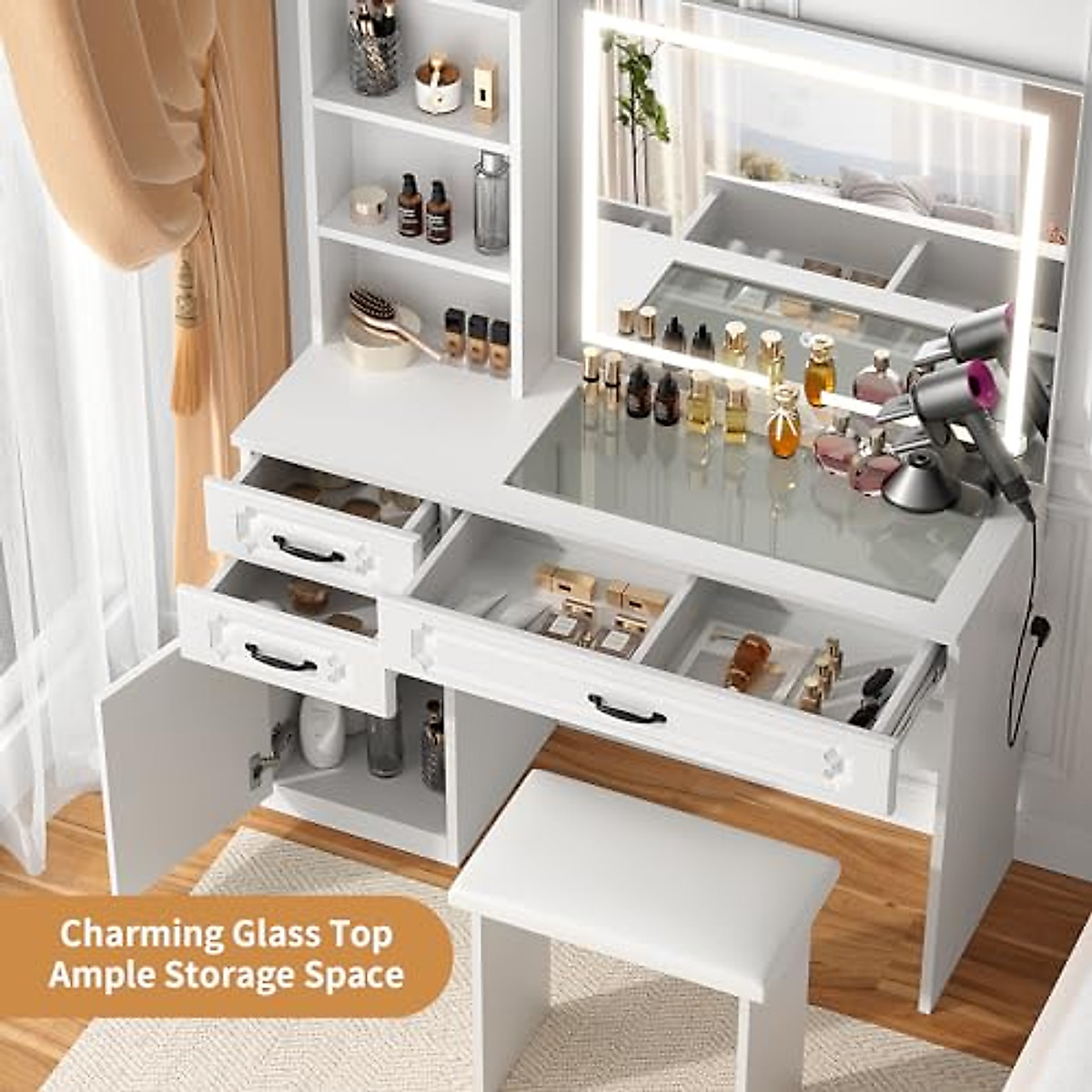 VOWNER Vanity with Lighted Mirror - Makeup Vanity Desk with Glass Top, Power Strip, Drawers and Shelves, 3 Color Lighting Modes Adjustable Brightness, Vanity Table with Cushioned Stool, 45'' L