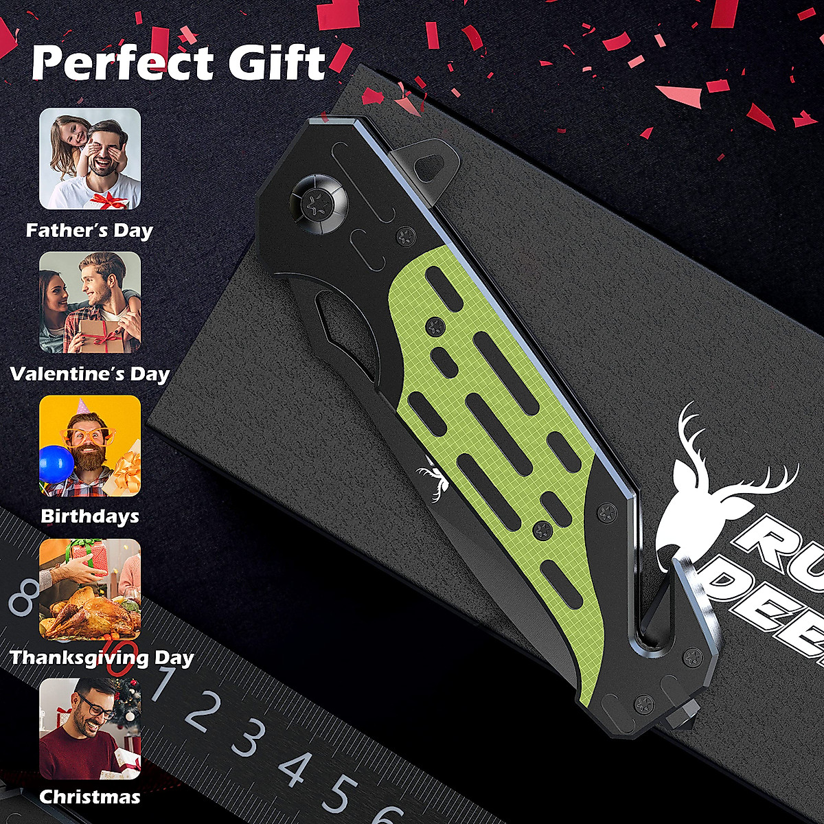 Rush Deer Pocket Knife, Folding Knife with Clip, Glass Breaker, Seat belt Cutter. Unique Fathers Day Gift for Dad. Cool Small EDC Knife for Survival Hiking etc. Gifts for Men Women