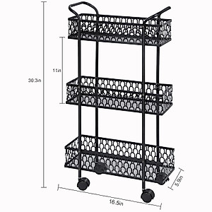 Tuenort Slim Storage Cart, 3 Tier Kitchen Rolling Cart on Wheels, Mobile Metal Pantry Cart Rack for Bathroom Laundry, Rolling Utility Cart for Narrow Places Black