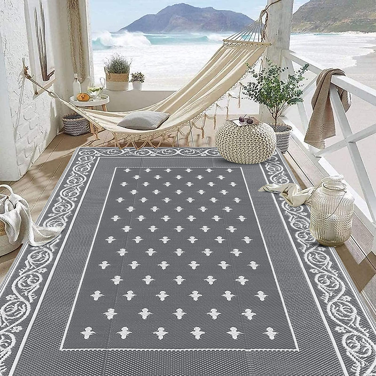 Bsmathom Reversible Outdoor Rugs Patio Rug 6'x9', Waterproof Plastic Straw Rug for Patios Clearance, RV Camping Rug Indoor Outdoor Area Rug for for Picnic, RV, Deck, Backyard, Balcony(Grey,6'x9')