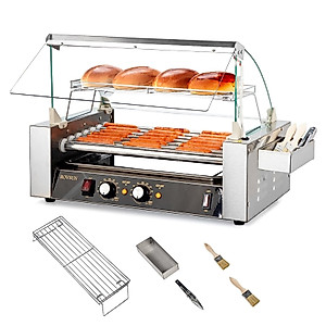 ROVSUN Hot Dog Roller ETL Certified, 18 Hot Dog 7 Rollers Sausage Grill Cooker Machine w/Dual Temp Control, Cover, LED Lighting, Removable Shelf & Drip Tray for Party Home Commercial 1050W