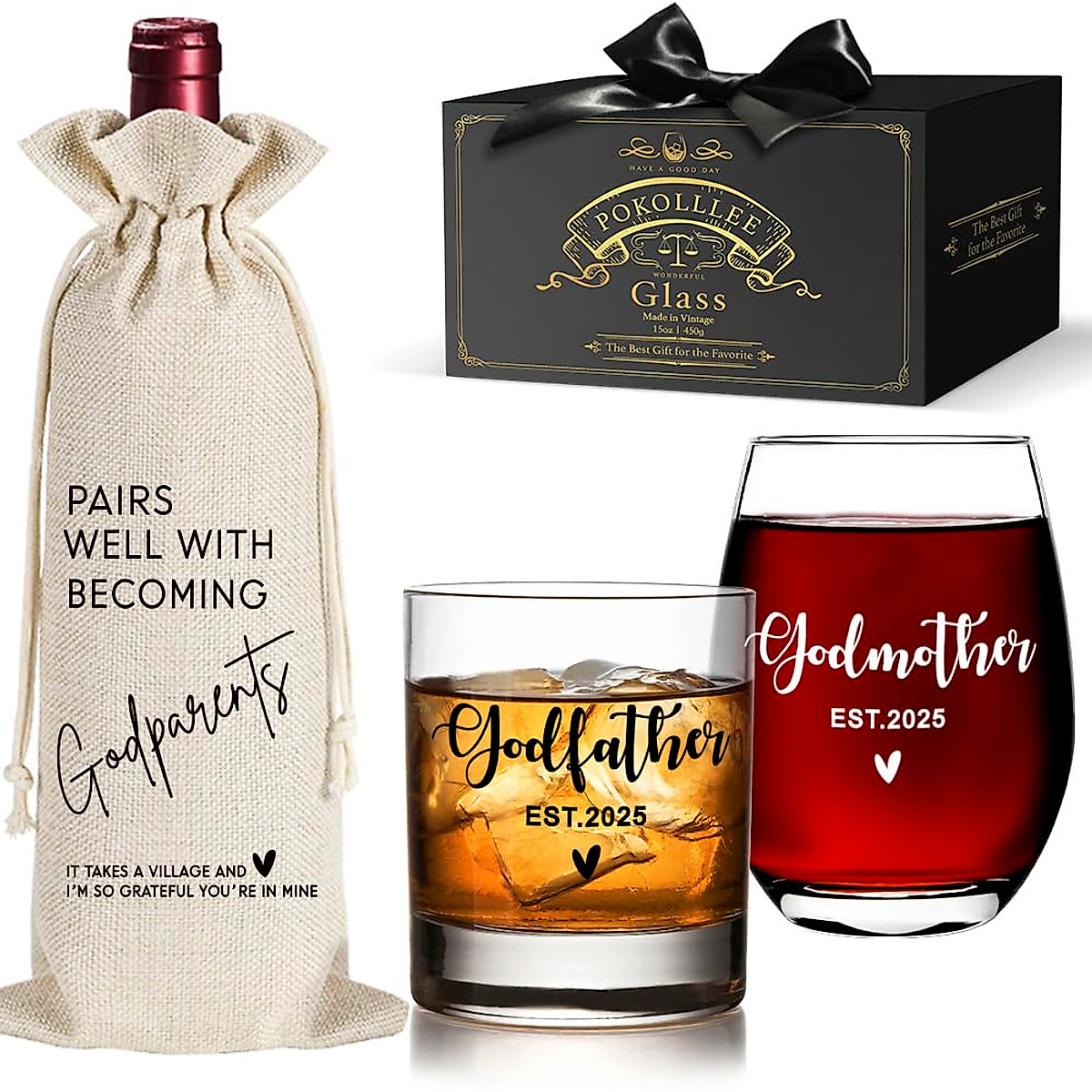 Pokolllee EST 2025 New Godfather Godmother Wine Glass Gifts, First Time Godfather Godmother Gifts, Godparents Proposal Gift, Pregnancy Announcement, Novelty Baptism Wine Glass Gifts for Godparents