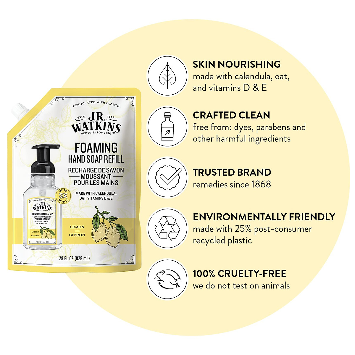 J.R. Watkins Foaming Hand Soap Refill, Moisturizing Foam Hand Wash, All Natural, Alcohol-Free, Cruelty-Free, USA Made, Lemon, 28 fl oz, 3 Pack