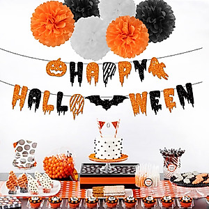 Black Orange White Halloween Party-Decorations - 8pcs Kits Happy Halloween Banner, Tissue Flower Paper Pom Poms Streamers,Bat Decor Garland,Birthday Wedding Baby Bridal Shower Lasting Surprise