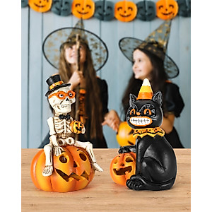 iStatue Halloween Decorations, 2-Pack Resin Black Cat & Skeleton on Pumpkin with Jack-o’-Lantern Lights - Indoor/Outdoor Gift for Fireplace Table Top Party Tiered Tray Decor (Skeleton & Cat)