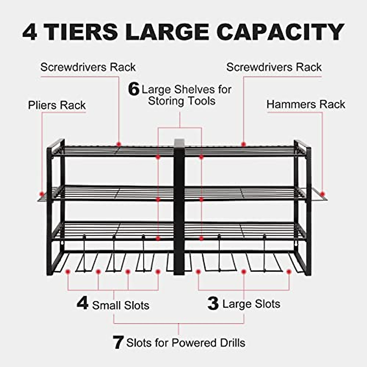 TAKEKIT Power Tool Organizer Wall Mount, 4 Tiers Large Capacity Cordless Tool Organizer, Drill Holder Wall Mount with 7 Slots, Heavy Duty Power Tool Storage Rack