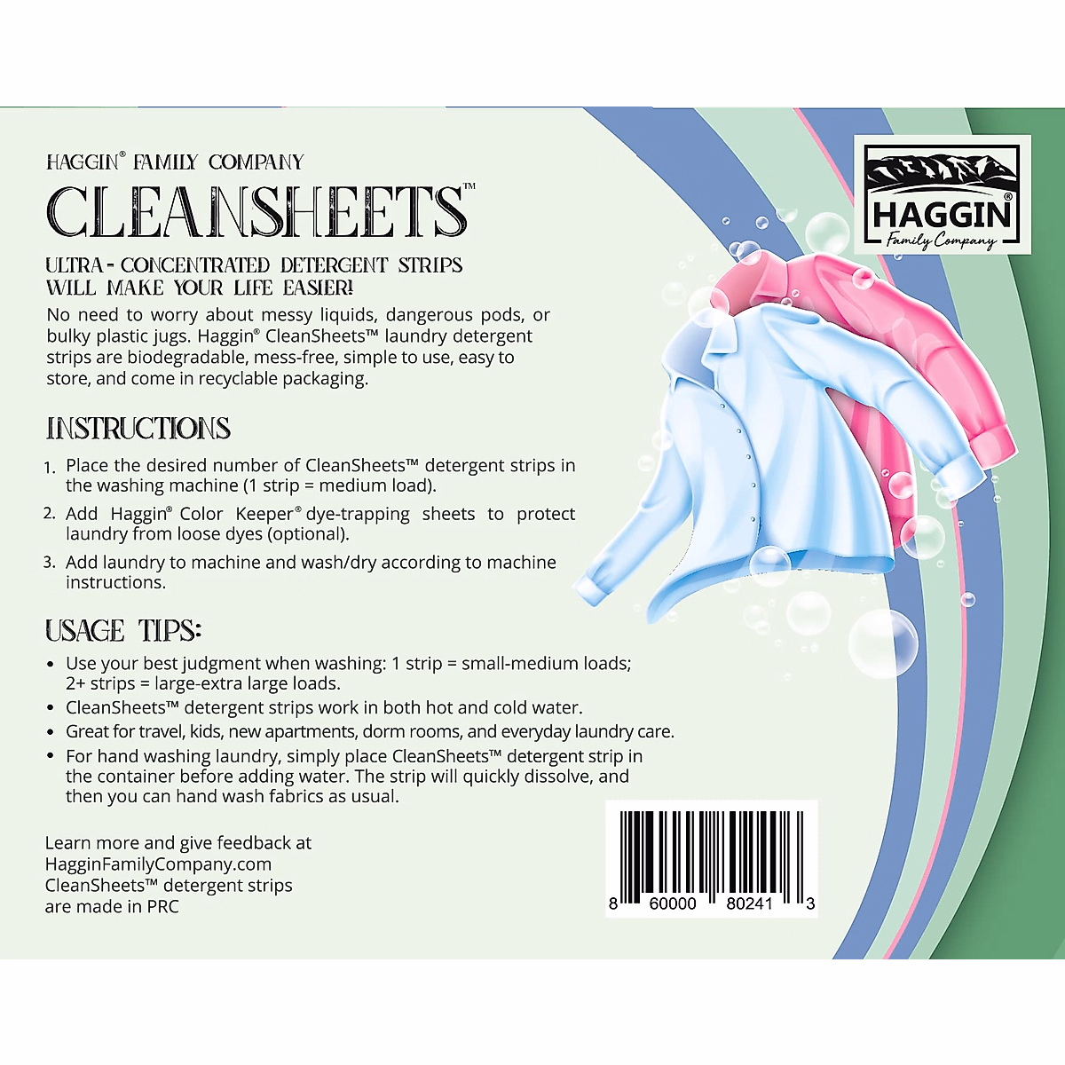 Haggin® CleanSheets Laundry Detergent Strips, 50 Value Pack | Ultra-concentrated | Mess-free | Fragrance-free | Bleach-free