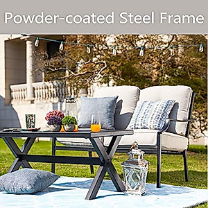 PatioFestival Patio Loveseats Outdoor Bench Sofa Conversation Set Metal Frame Bistro Furniture with Thick Cushion and Coffee Table for Lawn Front Porch Poolside Yard Garden