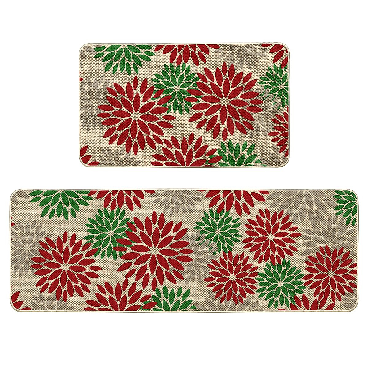 Artoid Mode Red Green Dahlia Floral Boho Christmas Kitchen Mats Set of 2, Winter Home Decor Low-Profile Kitchen Rugs for Floor - 17x29 and 17x47 Inch