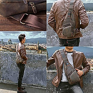 Le'aokuu Men Fashion Casual Tea Designer Travel Hiking Crossbody Chest Sling Bag Rig One Shoulder Strap Bag Men Leather Backpack 8015 (Brown)