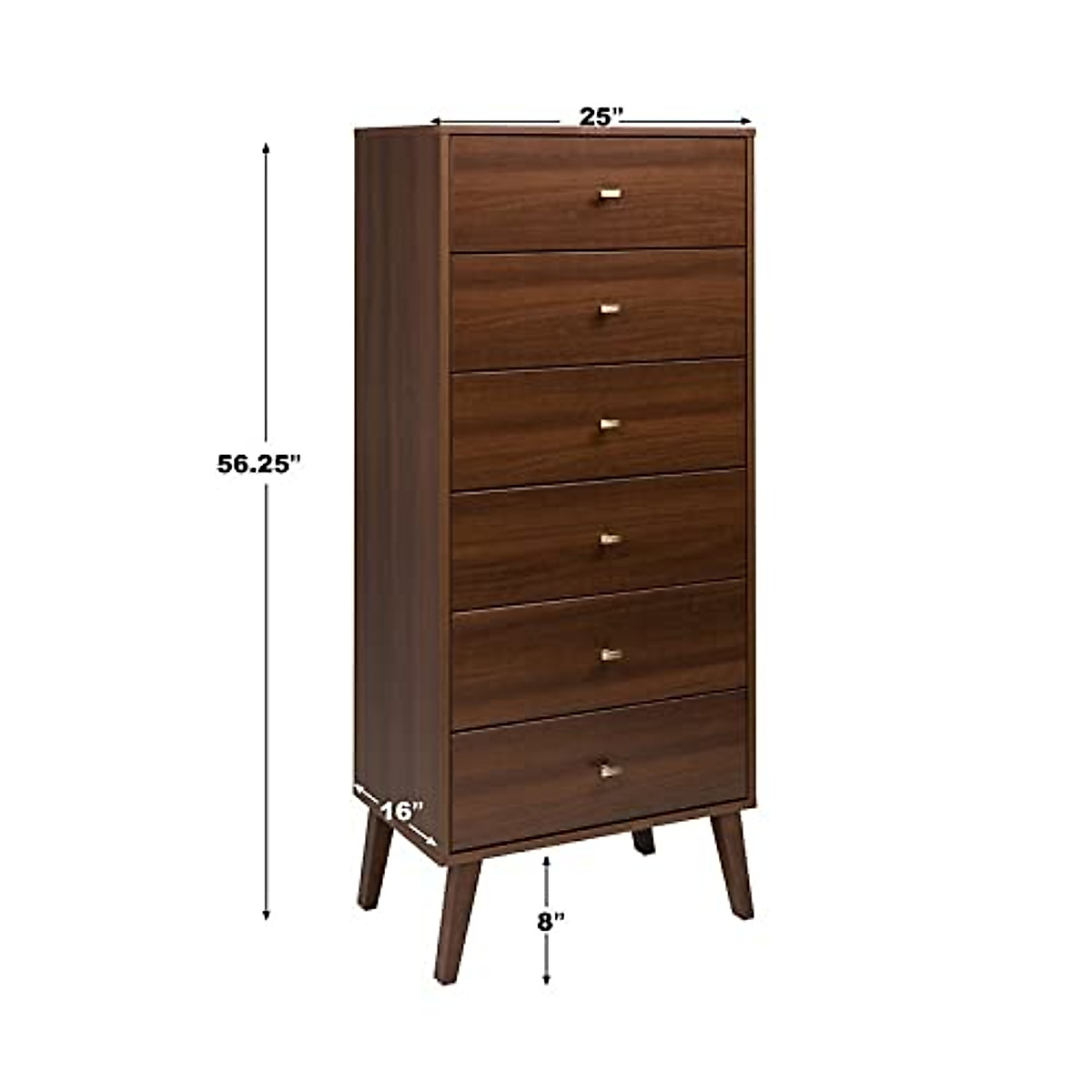 Prepac Milo Mid-Century 6 Drawer Tall Dresser Chest For Bedroom, Dresser, 16" D x 25" W x 56.25" H, Cherry