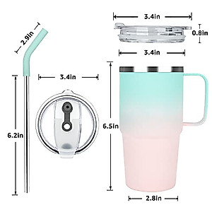 Sursip 24 oz Insulated Cup with Handle, Double Wall Vacuum Stainless Steel Tumbler with Straw and 2 Lids, For Cold/Hot Drinks, Coffee Travel Mug for Car/Home/Office/Party/Camping (Green＆Pink-1 Pack)
