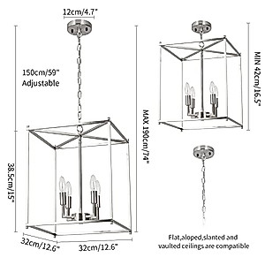 Brushed Nickel Chandelier 4-Light Foyer Chandelier, 12.6" Lantern Pendant Light for Dining Room Adjustable Height Square Pendant Light Fixtures for Kitchen Island Hallway Living Room Bedroom