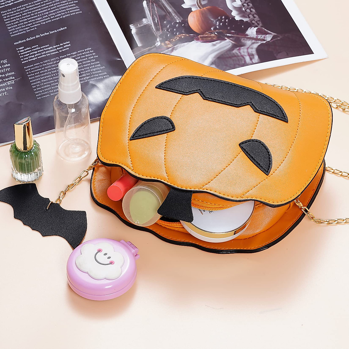 Miayon Halloween Pumpkin Purse Pumpkin Shoulder Bag Crossbody Bag Bat Ornament Pumpkin PU Bag for Women Girl(Orange)