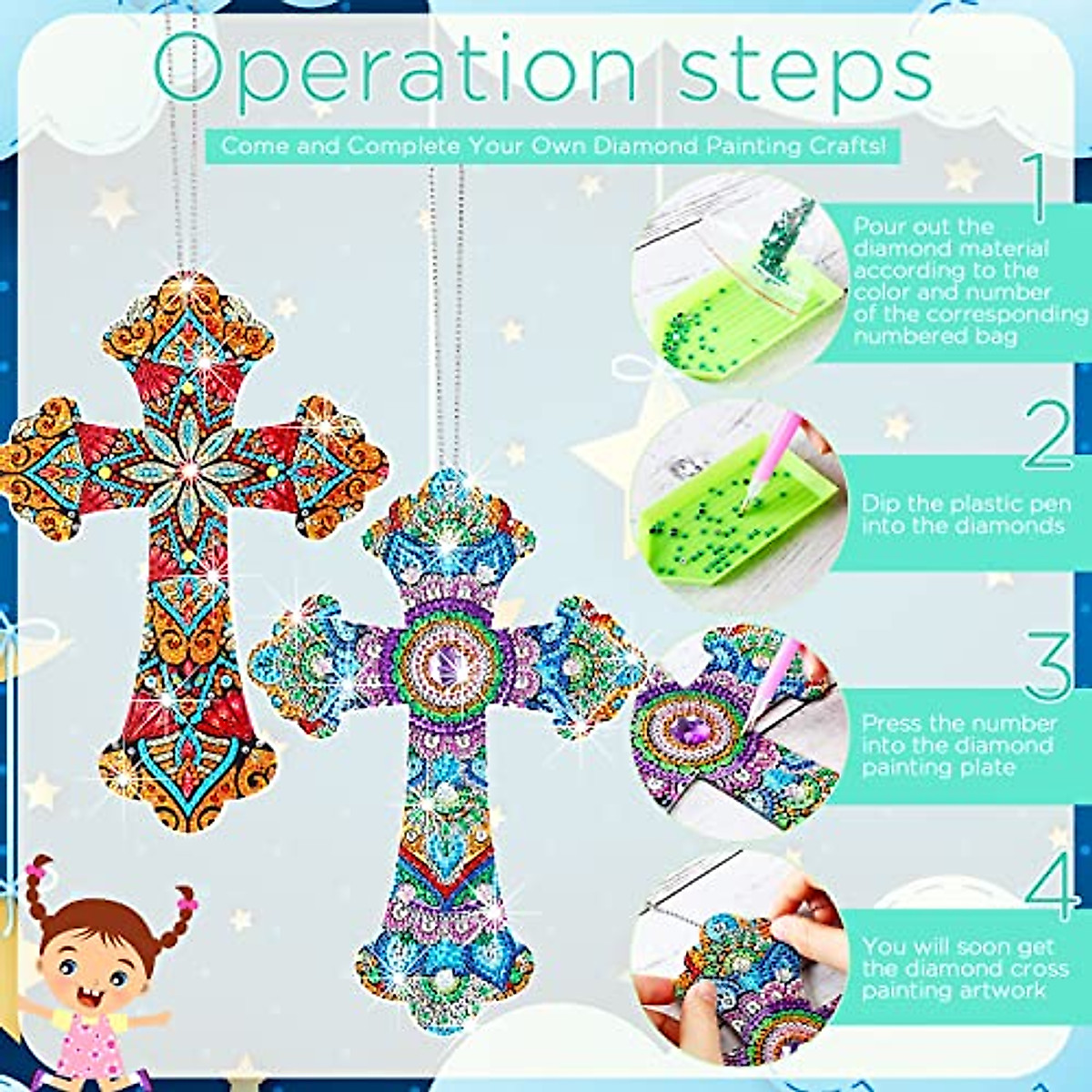 3 Pcs Cross Hanging Diamond Painting Kits for Halloween Christmas Gift DIY 5D Crystal by Number Mandala Cross Shaped Rhinestones Pendant Acrylic Mosaic Wall Painting Kit for Adults Home(Vintage)