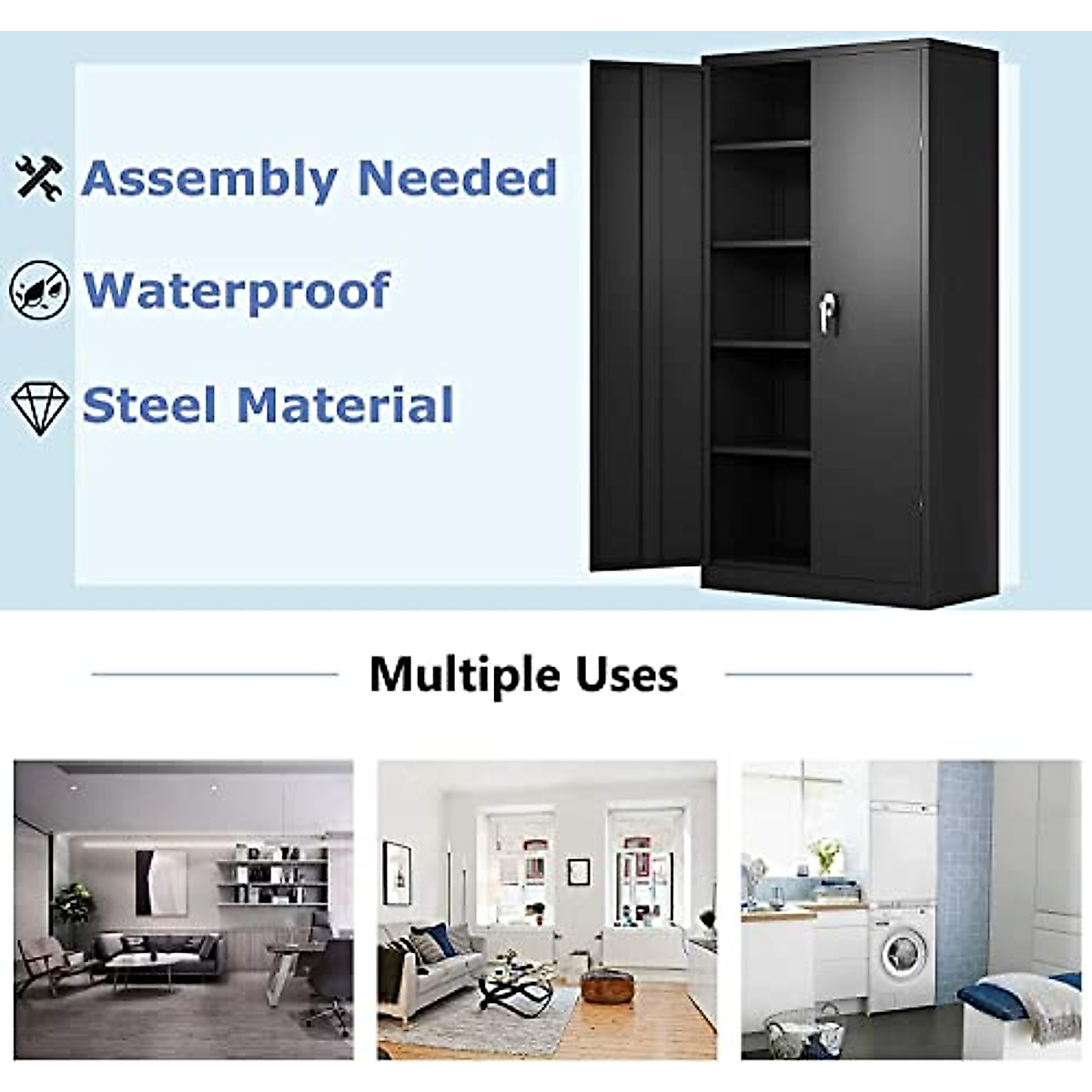 Rophefx 2 Doors Metal Storage Cabinet, Tall Locking Storage Cabinet with 4 Adjustable Shelves for Warehouse, Garage, Home Office, Black