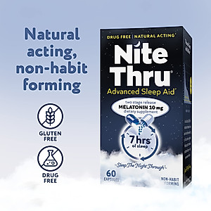 Nite Thru Advanced Sleep Aid Melatonin Dietary Supplement, 10mg Capsules, 60 Count (Pack of 2)