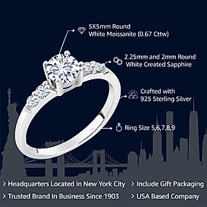 Gem Stone King 925 Sterling Silver White Moissanite and Created Sapphire Engagement Ring For Women (0.67 Cttw, Round 5MM, Available In Size 5,6,7,8,9)