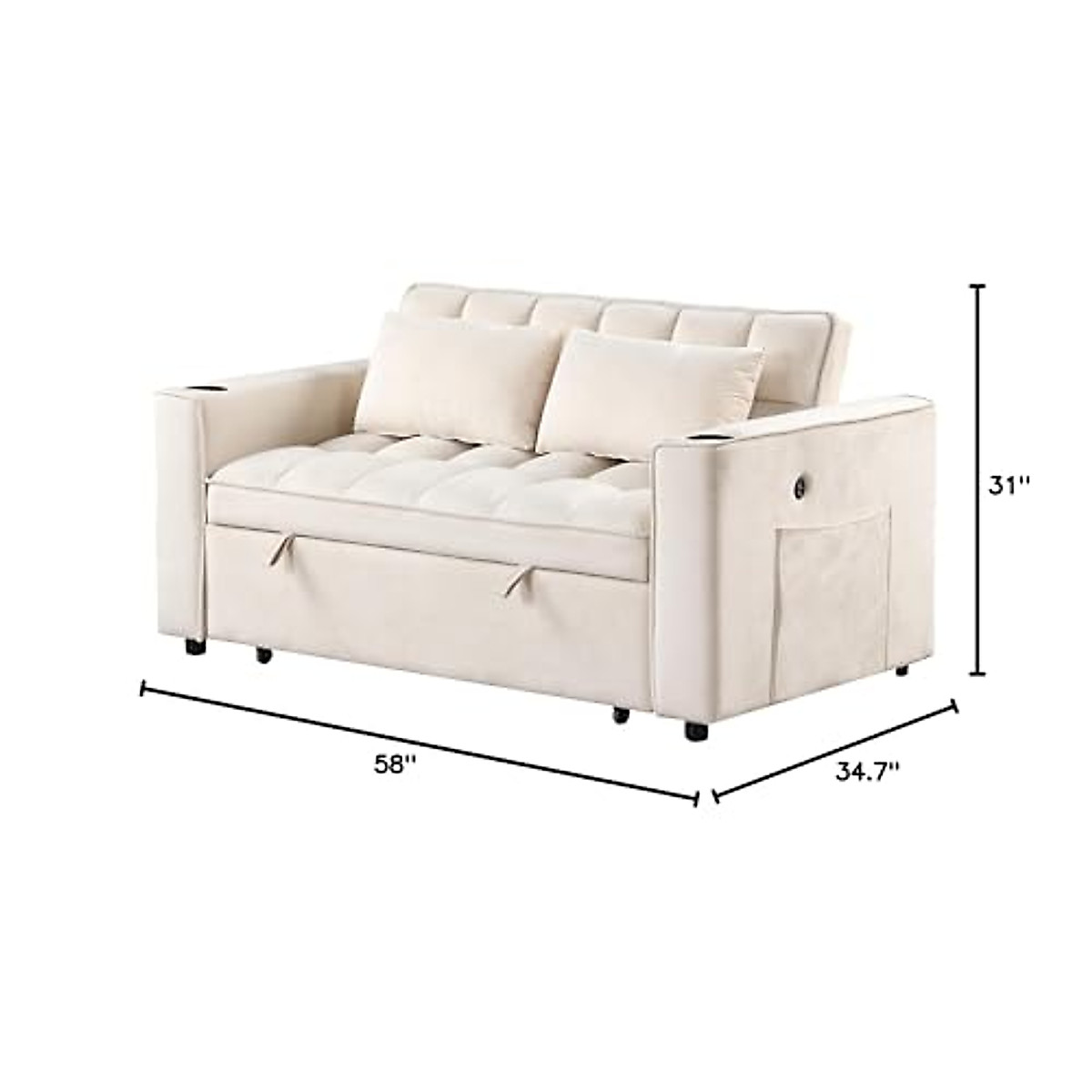 FULife 58" Convertible Sofa Couch with Pull-Out Sleeper,Adjustable Loveseat Armchair Single Bed Chair with Cup Holder,USB Port,Side Pocket&Pillows for Living Room/Apartment/Office/Studio/Small Place