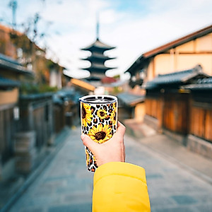 YHSHYZH 30 OZ Tumbler Cups with Lid Sunflower Stainless Steel Travel Coffee Mugs Personalized Leopard Print Insulated Cups Sunflowers Gifts for Women(30OZ, Leopard Sunflower)