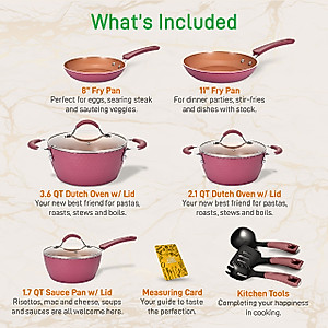 NutriChef 11 Piece Nonstick Ceramic Coating Elegant Diamond Patterned Kitchen Cookware Pots and Pan Set with Lids and Utensils, Maroon