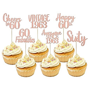 30 Pcs 60th Birthday Cupcake Toppers, Rose Gold Glitter 60th Cake Toppers 60 & Fabulous Cupcake Picks for Happy 60th Birthday Anniversary Party Decorations Supplies (Rose Gold)