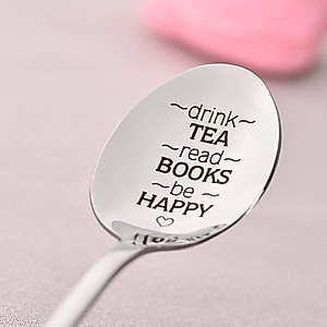 Tea Book Lovers Gifts Spoon for Women Men Drink Tea Read Books Be Happy Spoons for Tea Lover Book Reader Friendship Gifts for Girls Boys Graduation Birthday Gift for Family Student Friend Teaspoon