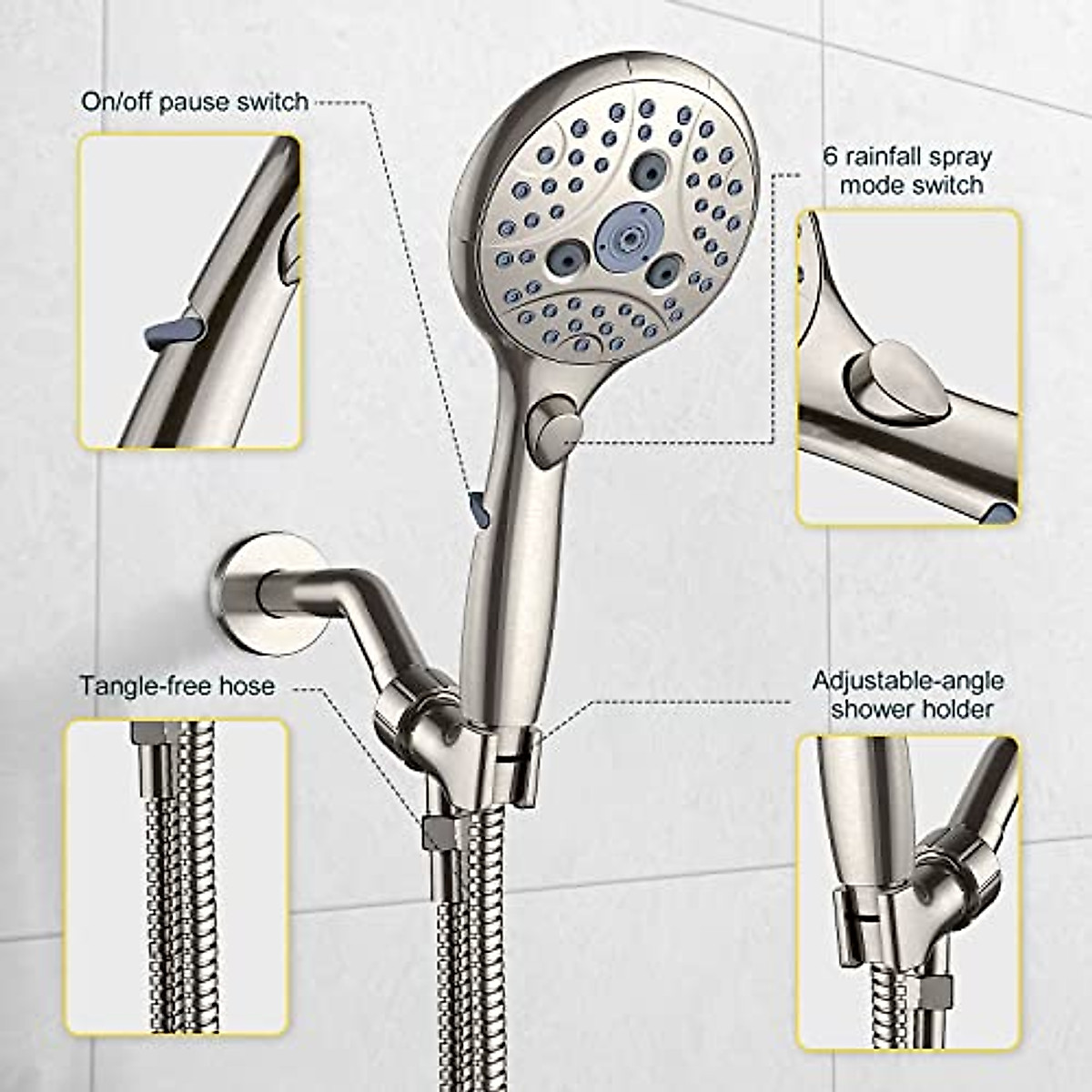 Bundled products of SunCleanse Brushed Nickel Shower Head, 7 Settings Hand held Shower with ON/OFF Pause Switch,and Toilet Paper Stand