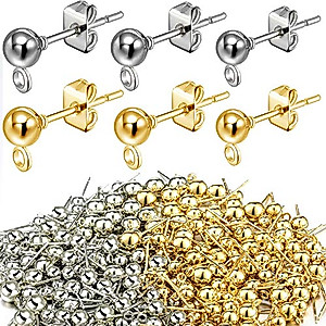 180 Pieces Ball Post Earring Stud with 200 Pieces Butterfly Ear Back Earrings with Loop for DIY Jewelry Making Findings, 4 mm 5 mm 6 mm (Silver, Gold)