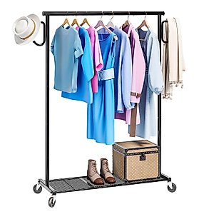Ekisemio Clothing Garment Rack on Wheels, Heavy Duty Clothes Organizer with Bottom Mesh Shelf for Hanging Clothes, Side with 2 Hooks, Black
