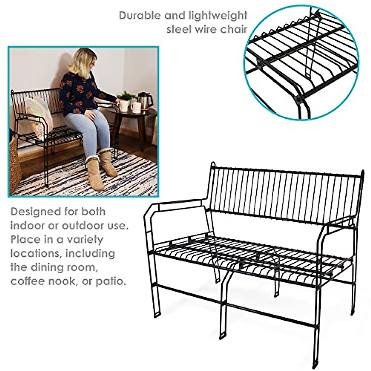 Sunnydaze 2-Person Modern Metal Patio Bench - Indoor/Outdoor Black Steel Wire Porch Bench for Patio, Sunroom, Deck, or Living Room - 30.75-Inch H