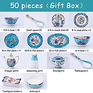 Table Service Crockery SetFine Dinner Set,Dinner plate Dinnerware Set, 50 Piece Upscale Ceramics Dinner Set - Bowl/Dish/Soup Pot | Bone China Porcelain Combination Set Suitable for housewarmingurant