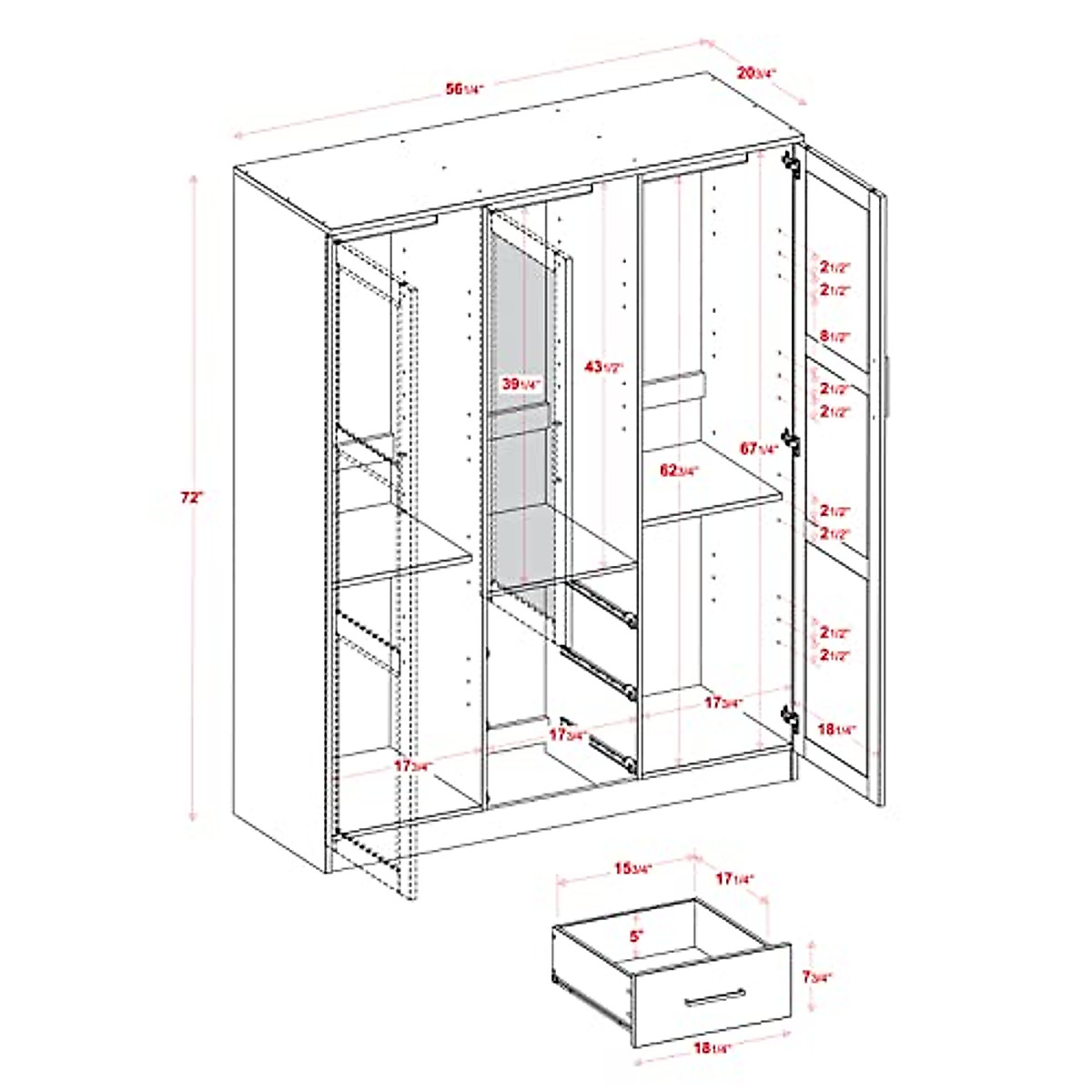 Palace Imports Cosmo Solid Wood 3-Door Wardrobe/Armoire/Closet with Mirror and 3 Drawers, Gray. Additional Shelves Sold Separately.