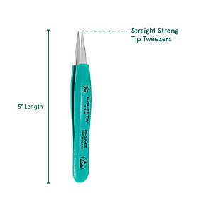 Excelta Tweezer, Straight Strong Tip Tweezers, Stainless Steel, Anti-Magnetic, Ergo-Grips, 5” Overall Length