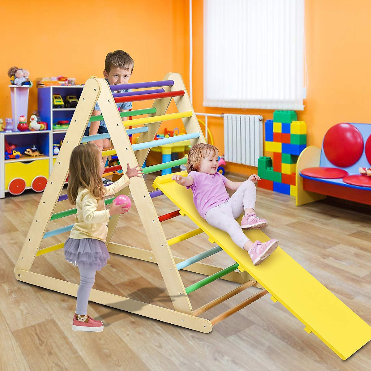 HONEY JOY Triangle Climber with Ramp, 2-in-1 Indoor Toddler Climbing Triangle Set with Ladder & Slide, Foldable Wooden Kids Climbing Toys for Playground, Gym & Daycare, Gift for Boys Girls (Colorful)