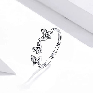Qings 925 Sterling Silver Butterfly Ring with Shiny Cubic Zirconias, Animal Adjustable Open Ring Birthday Anniversary Jewelry for Women, Adjustable Size 6 to 8