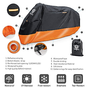 XYZCTEM Motorcycle Cover – All Season Waterproof Outdoor Protection – Precision Fit up to 108 Inch Tour Bikes, Choppers and Cruisers – Protect Against Dust, Debris, Rain and Weather(XXL,Black& Orange)