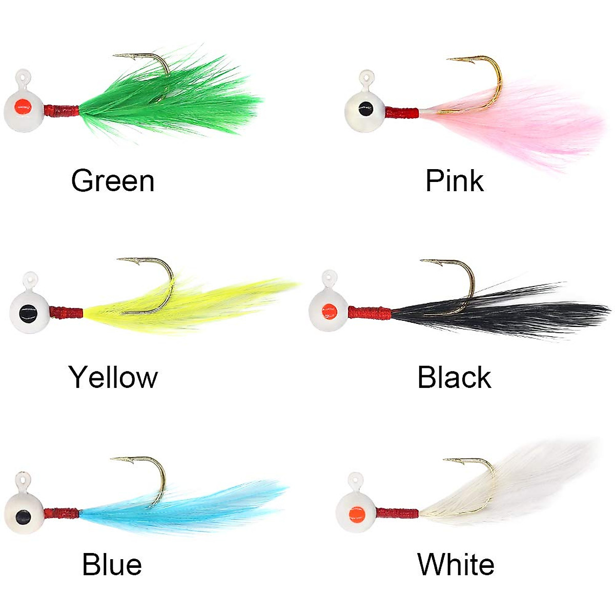 YZD 12 Piece Crappie jig Head Fishing Lure Hook with Feather Fly Fishing Panfish Sunfish Hair Jig Bait 1/16oz (6 Color Mix)