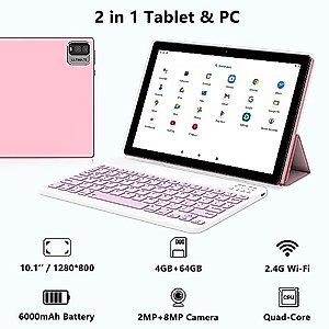 2023 Newest 2 in 1 Tablet, 10 inch Android 11 Tablets with Keyboard Case Mouse Stylus, 4GB RAM+64GB ROM 1.8GHz Quad Core, 1280*800 IPS HD Touch Screen, 8MP Dual Camera, Games, Wi-Fi, BT Tableta PC