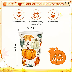 Thanksgiving Disposable Paper Cups 30 Pack, Pumpkin Maple Leaves Paper Cups, Fall Drinking Cups for Hot and Cold Beverages 12 Ounce, Thanksgiving Dinner Autumn Harvest Fall Party Supplies