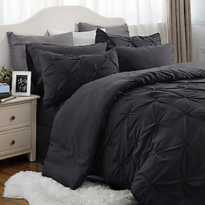 Bedsure Full Comforter Set Black - Bed in a Bag Full Size 7 Pieces, GentleSoft™ Pintuck Bed Set Gift for Family, Pinch Pleat Black Comforter with Sheets, Pillowcases & Shams
