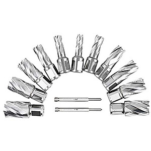 Accusize Industrial Tools 13 Pc 7/16'' to 1-1/16'' Hss Annular Cutters, 1'' Cutting Depth, 3/4'' Weldon Shank, with 2 Pilot Pins, Strong Box, N10