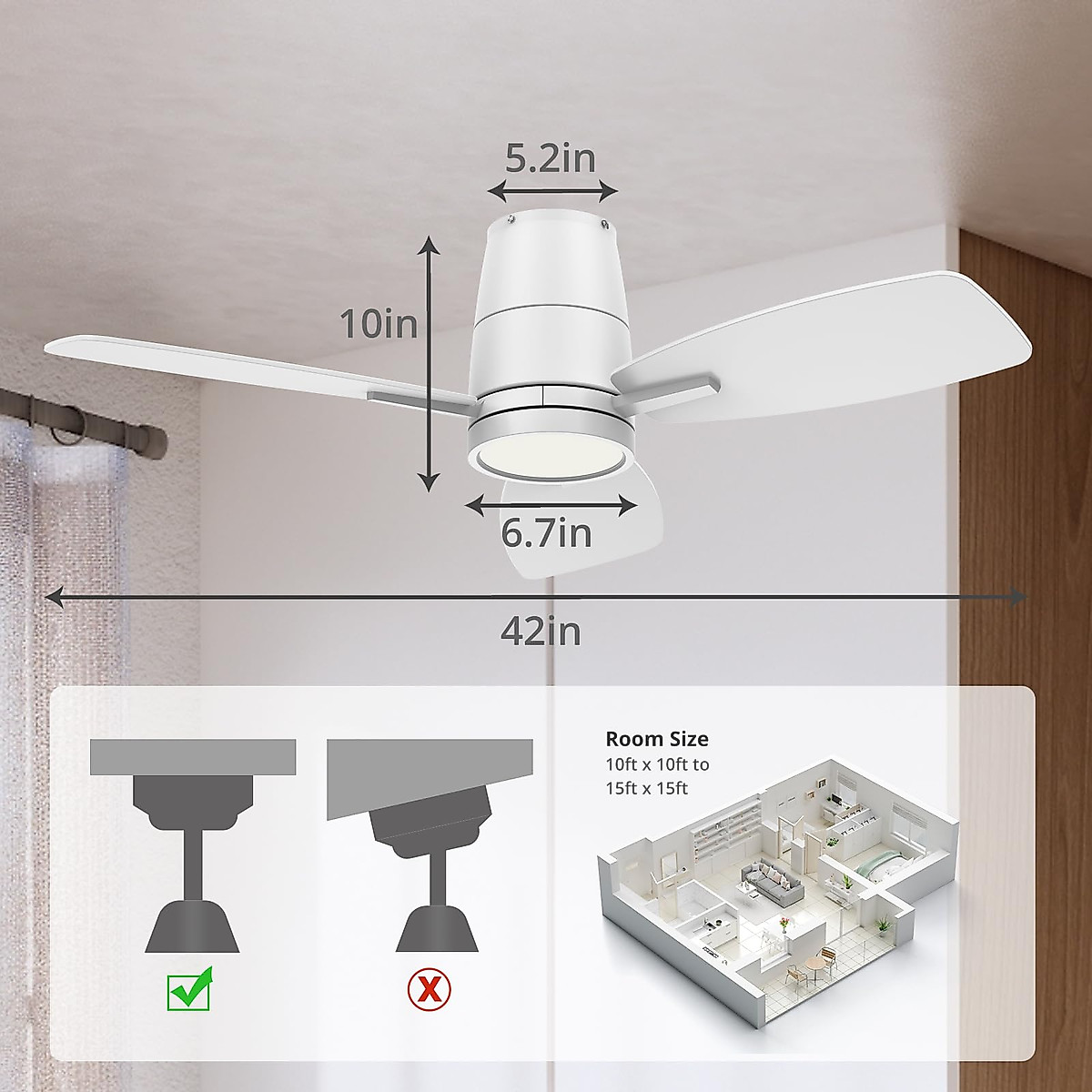 TALOYA 42inch Ceiling Fans with Lights and Remote Control, Quiet DC Motor, Double-faced Blades, Modern Low Profile Ceiling Fan for Bedroom, Living Room, Dining Room, Office