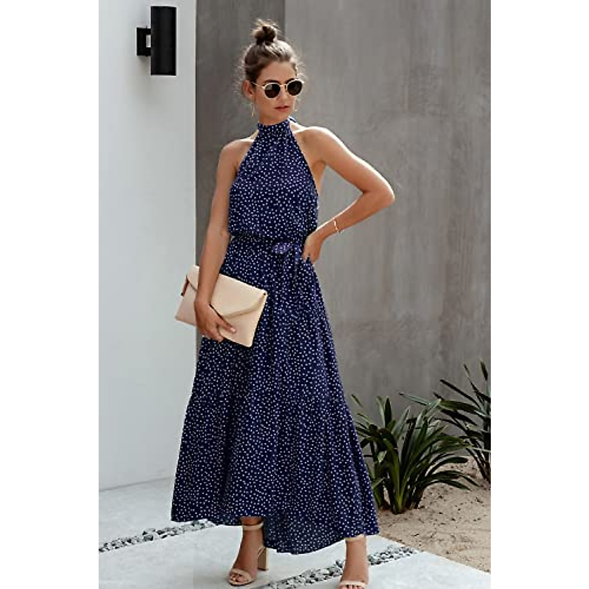 PRETTYGARDEN Women’s Casual Halter Neck Sleeveless Floral Long Maxi Dress Backless Loose Ruffle Sundress with Belt (Navy,X-Large)