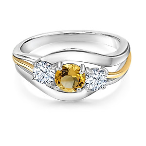Gem Stone King 925 Sterling Silver and 10K Yellow Gold Round Yellow Citrine and White Zirconia 3 Stone Ring For Women (1.23 Cttw, Available In Size 5, 6, 7, 8, 9)