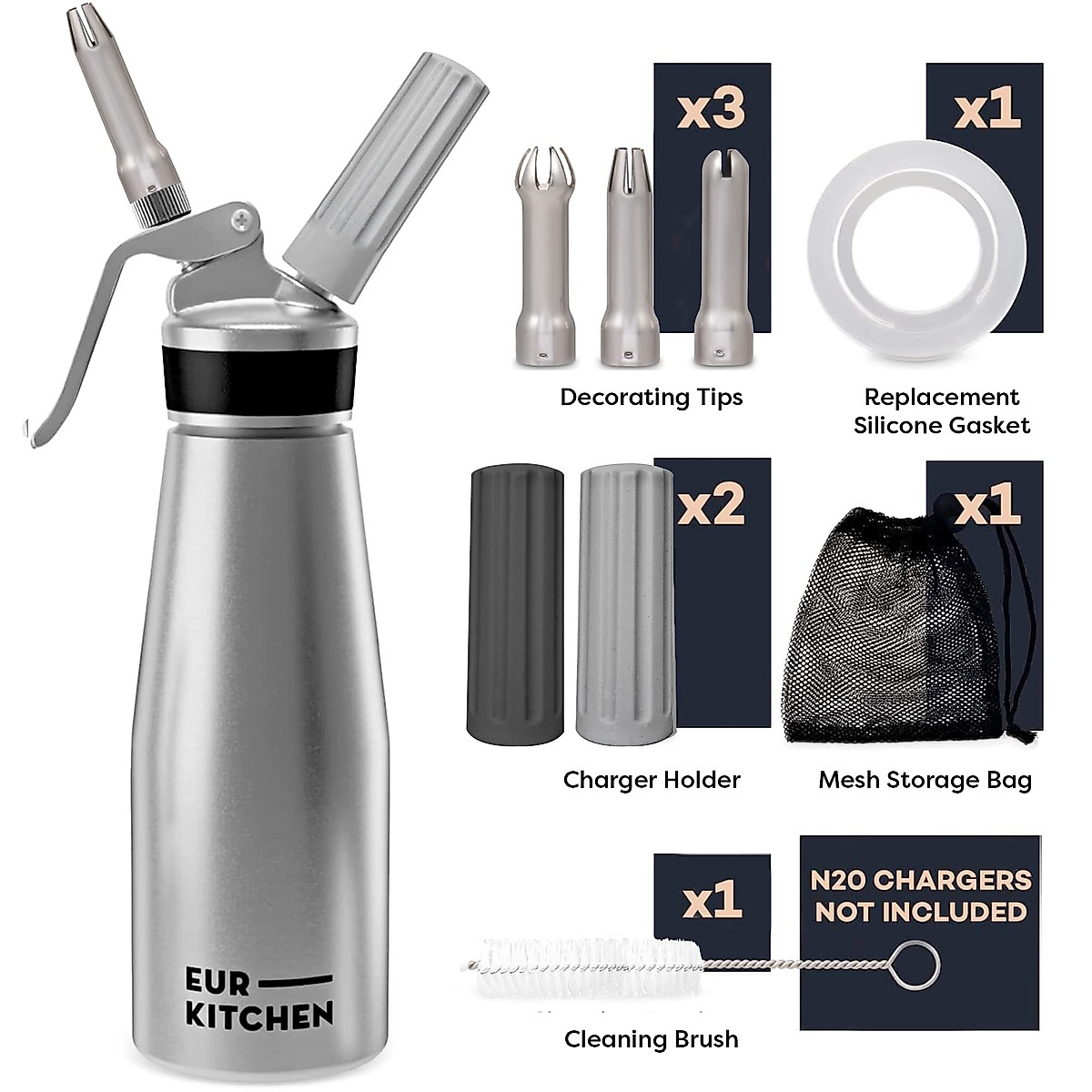 EurKitchen Professional Aluminum Whipped Cream Dispenser - Leak-Free Whip Cream Maker Canister with 3 Decorating Nozzles & Cleaning Brush - 1-Pint / 500 mL Cream Whipper - N2O Chargers (Not Included)